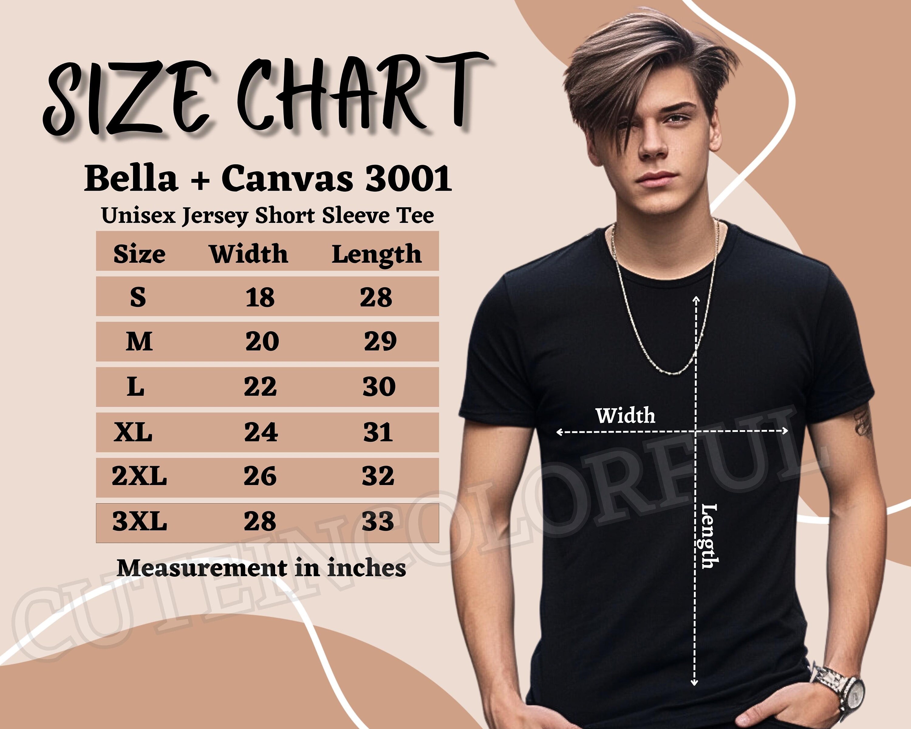 4 Digital Download Size Chart's, Bella Canvas 3001, Male Model Sizing ...