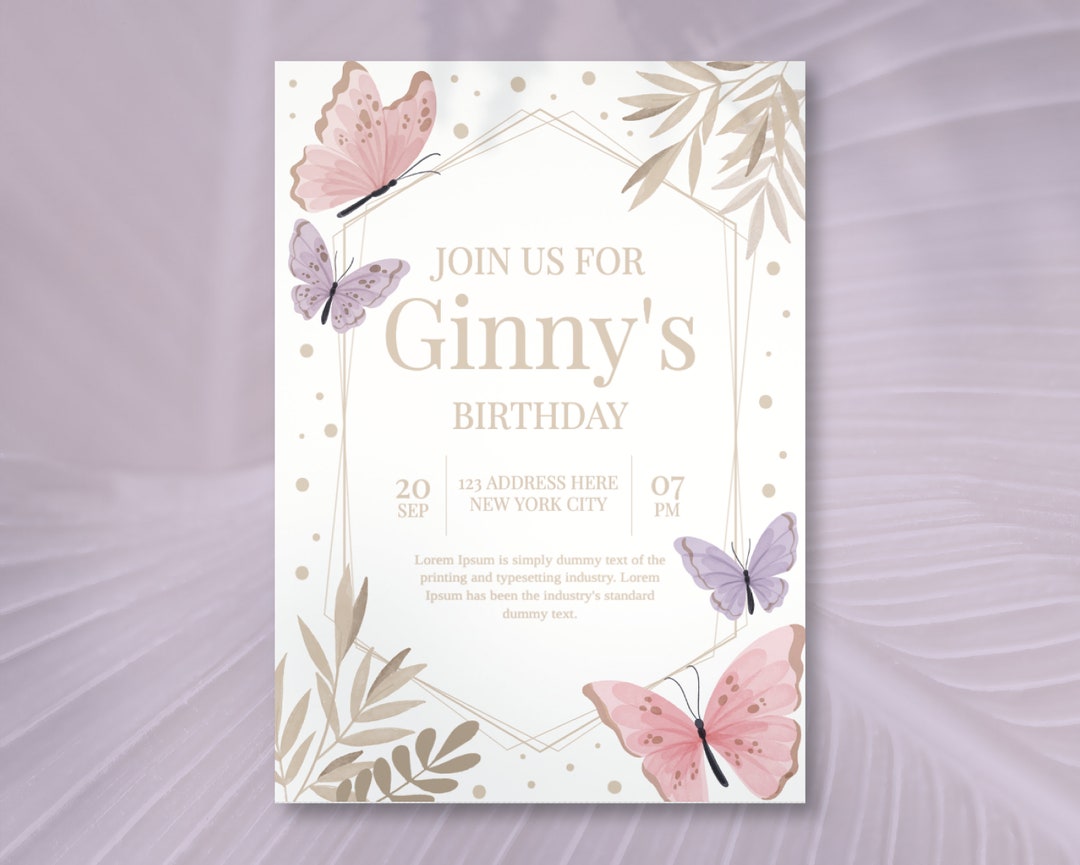 Butterfly Birthday, Pink and Purple Invitation, Instant Download ...