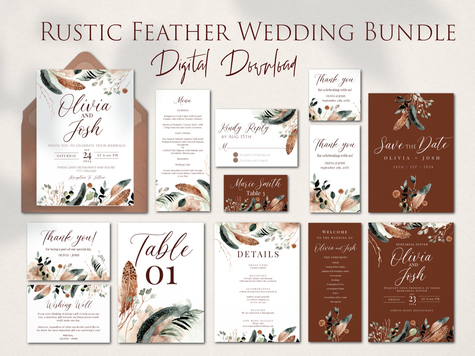 Rustic Boho Wedding Bundle, Rustic Wedding Invitation, Rustic Feather ...