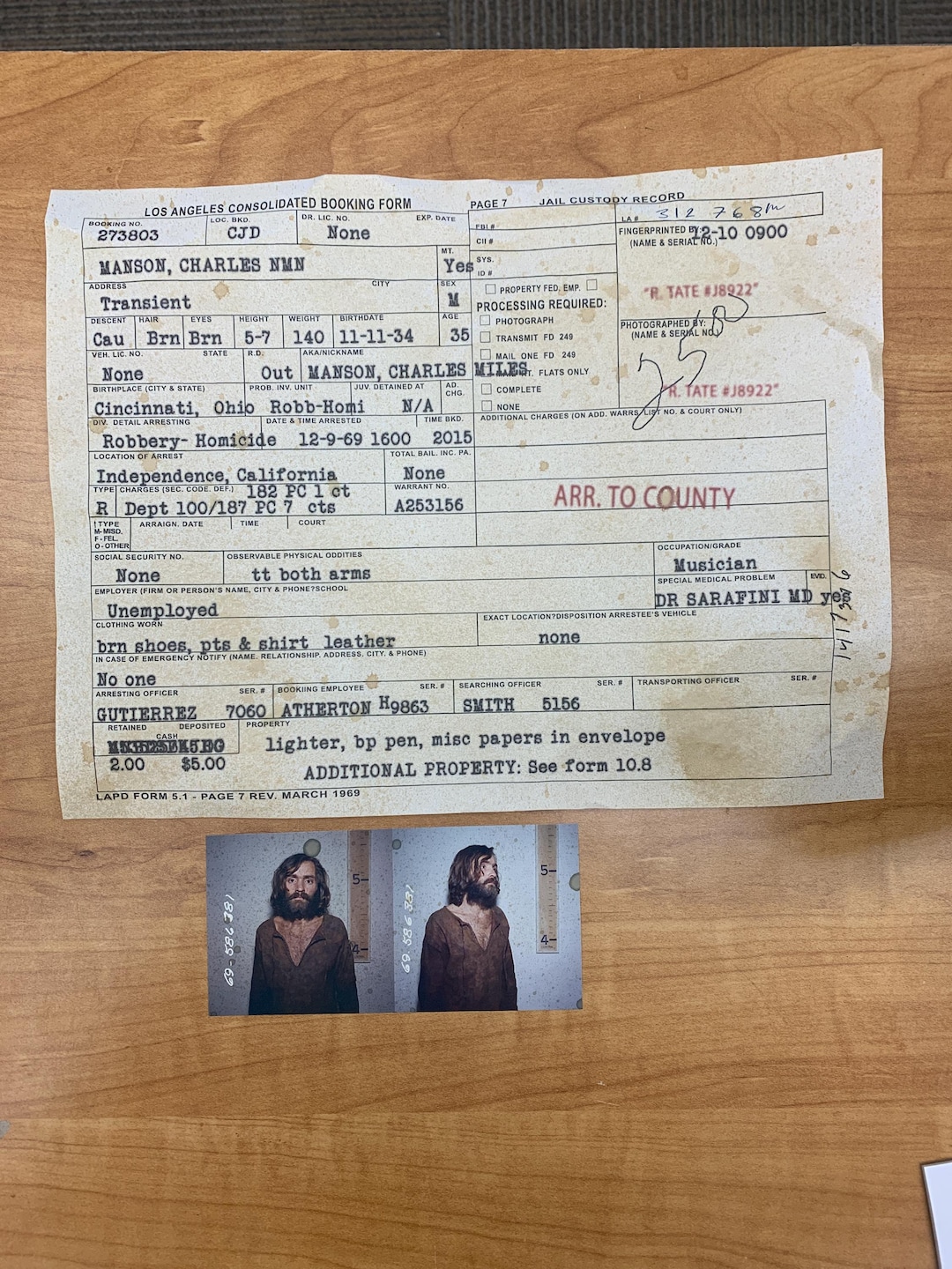 Charles Manson Booking Form and Mug Shot (replica) - Etsy