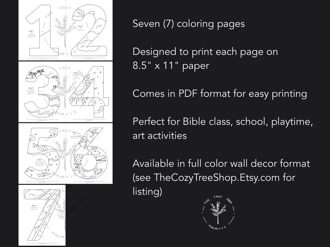 Days of Creation Numbers Coloring Pages | INSTANT DOWNLOAD PRINTABLE ...