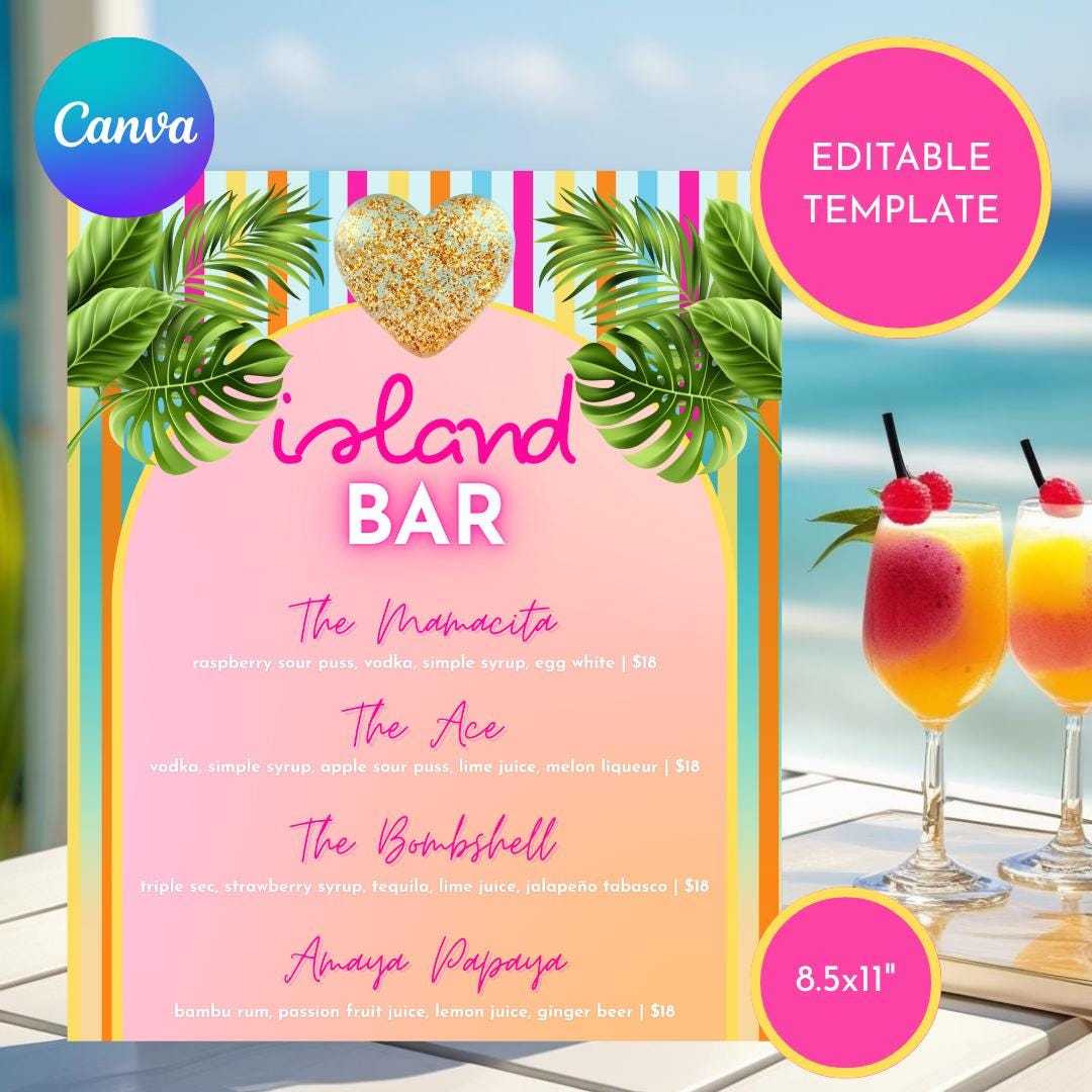 Love Island Drink Menu Template: Tropical Cocktail Bar Sign (canva ...