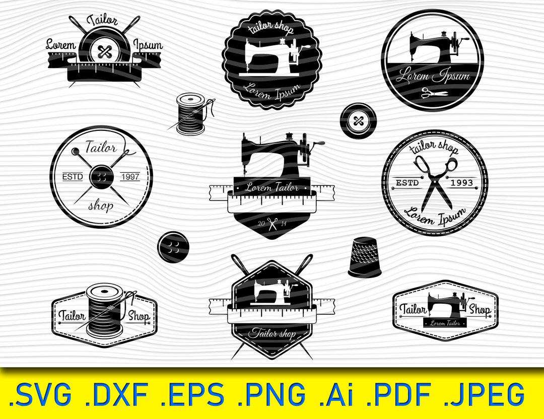 Tailor Shop Labels & Emblems: Sewing Machine, Mannequin (SVG, PNG, EPS ...