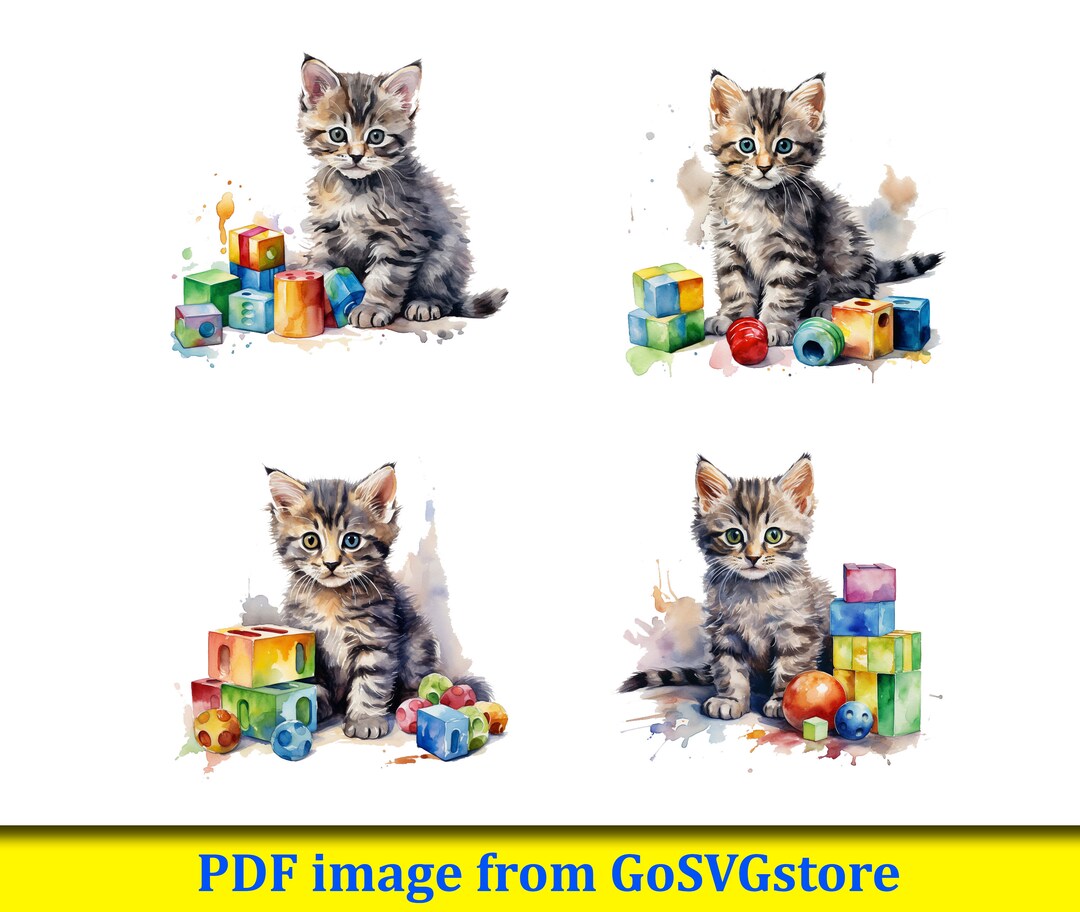 Watercolor Cat With Toys Clipart Png Cat Sublimation Bundle - Etsy