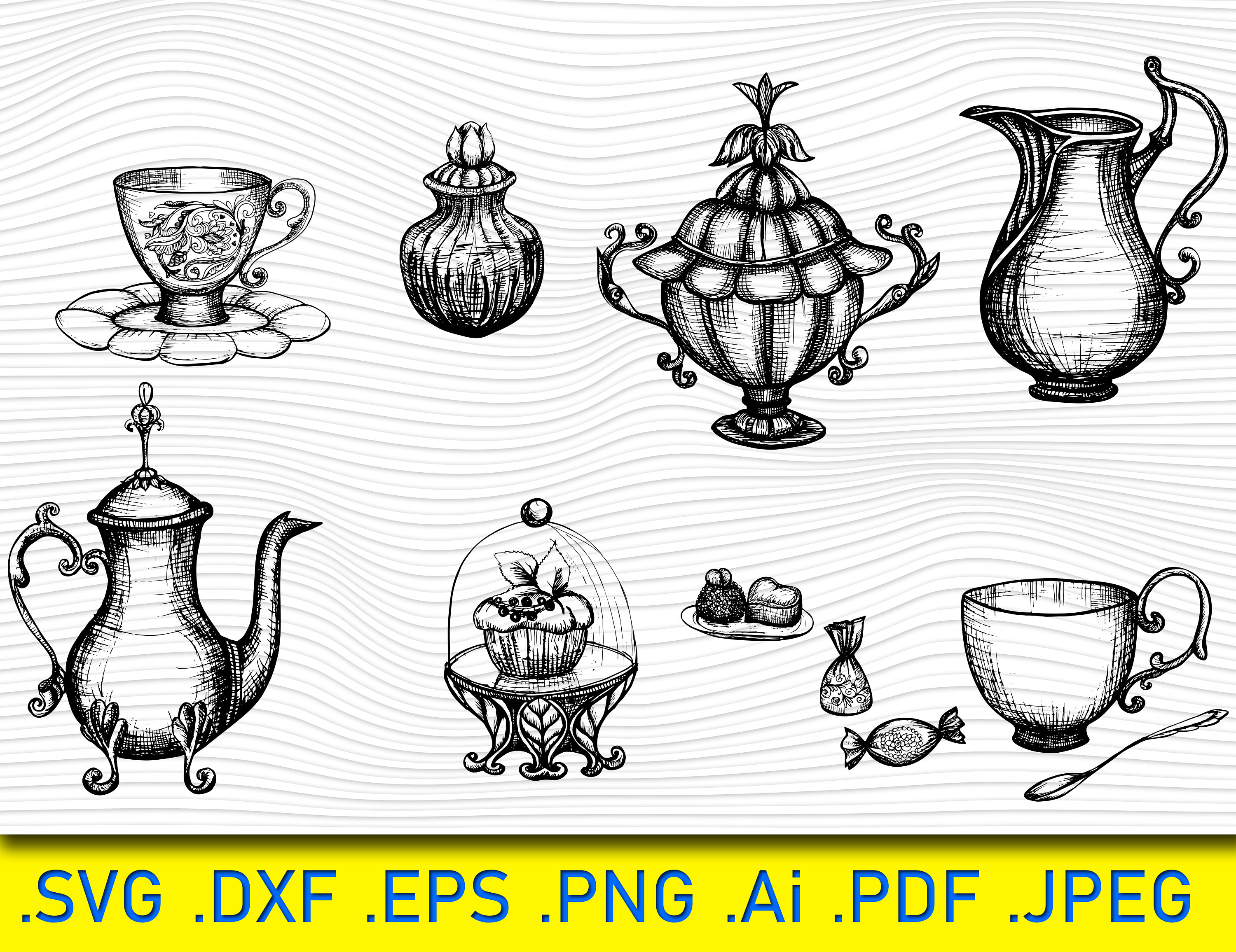 Hand Drawn Retro Tea Set Tea Time SVG Tea Cut File Teacup Tea | Etsy