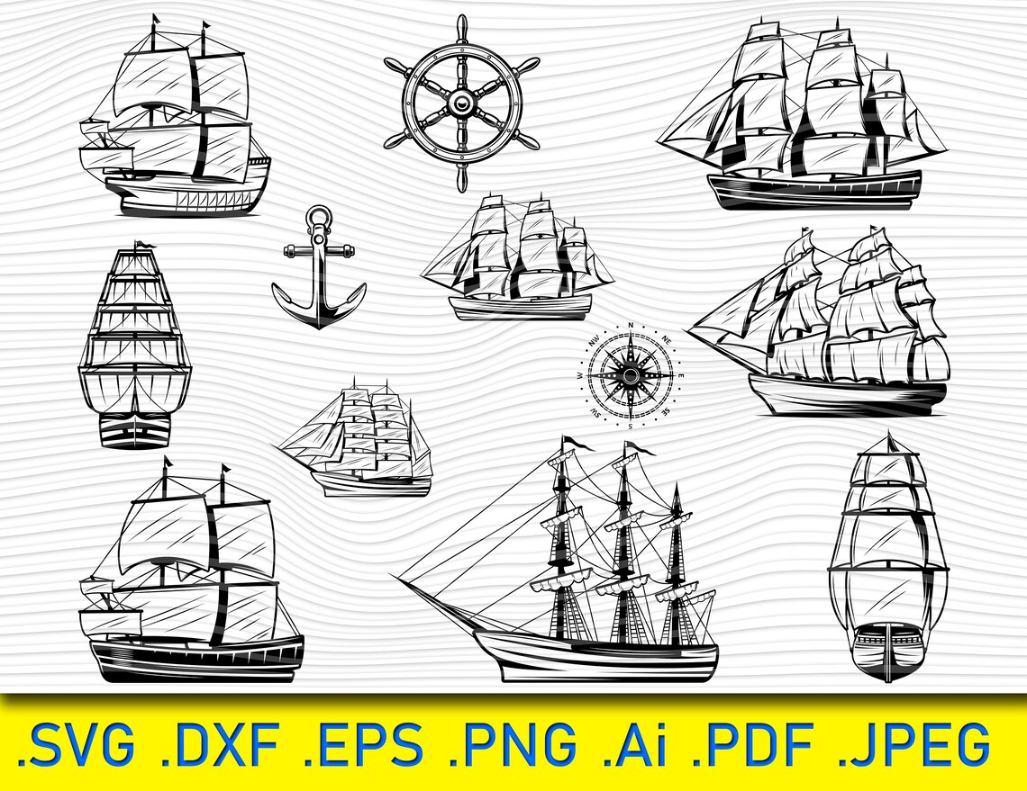 Vintage Big Ships With Different Vessels Boats, Steering Wheel, Anchor ...