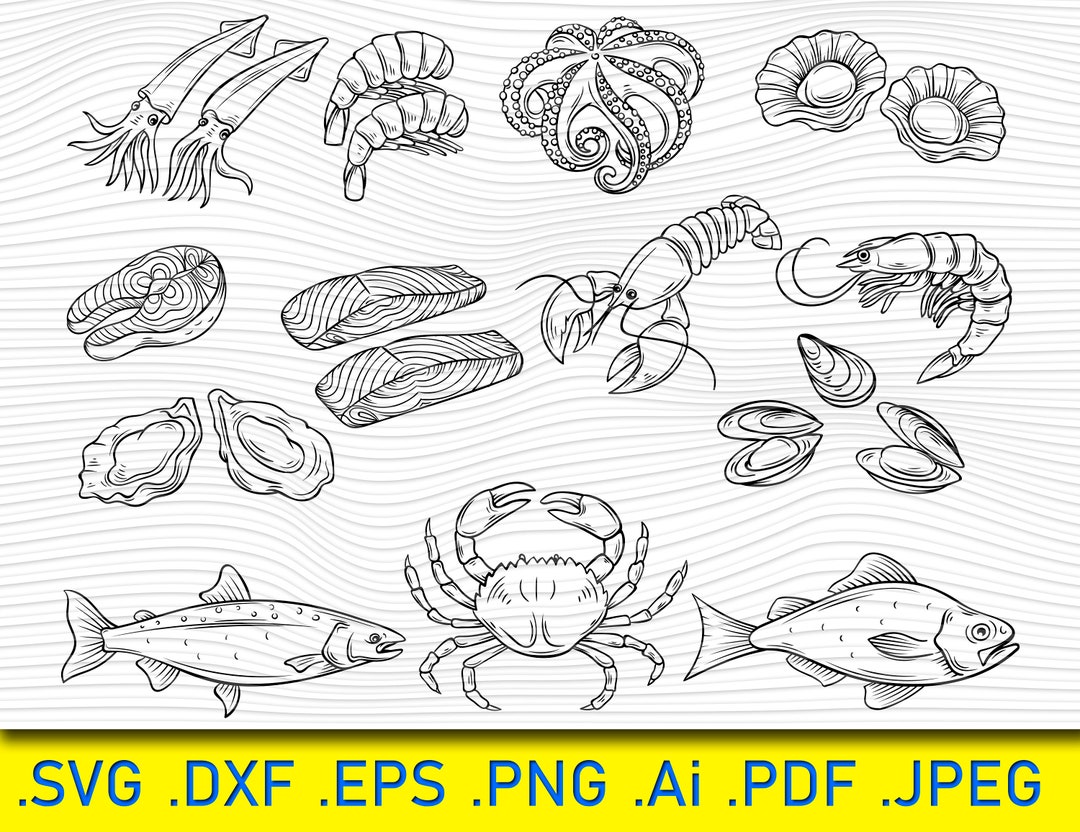 13 Seafood Svg Bundle, Seafood Svg,hand Drawn Seafood, Sea, Fishing ...