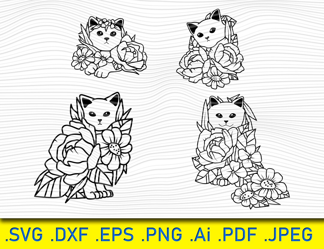 4 Cats SVG, Pose Svg, Sitting Cat Svg, Flower Svg, Floral Style Svg ...