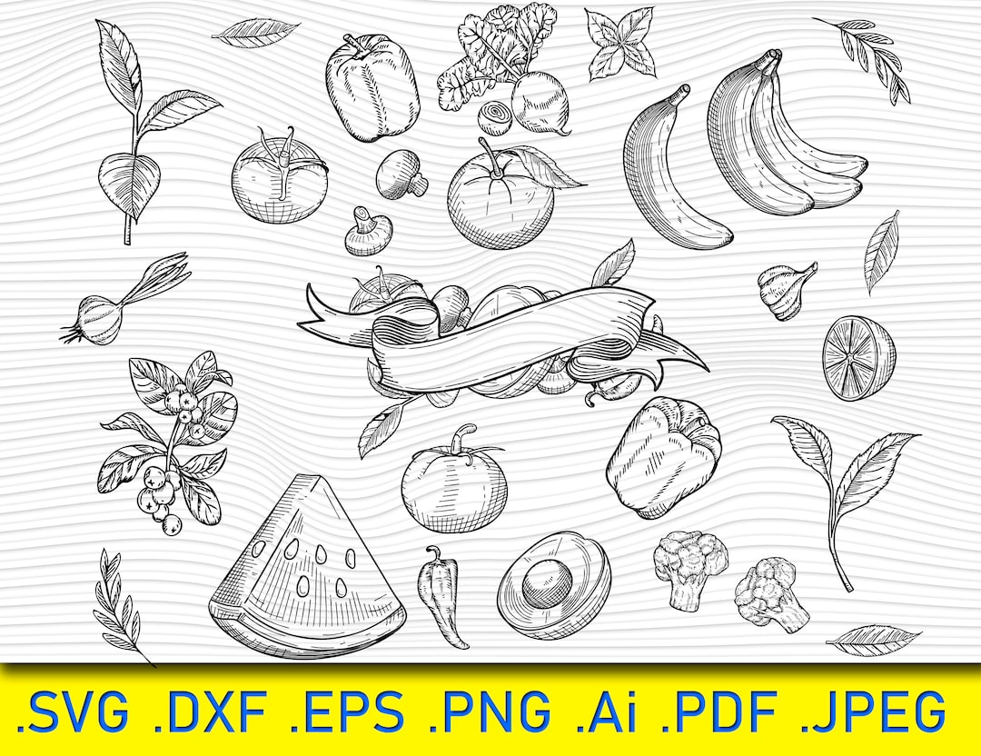 Healthy Food Vegetables With Fruits Symbols and Silhouettes Set Vector ...