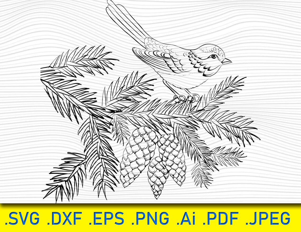 Bird on a Pine Tree With Cones Bird Pine Fir With Pinecone - Etsy