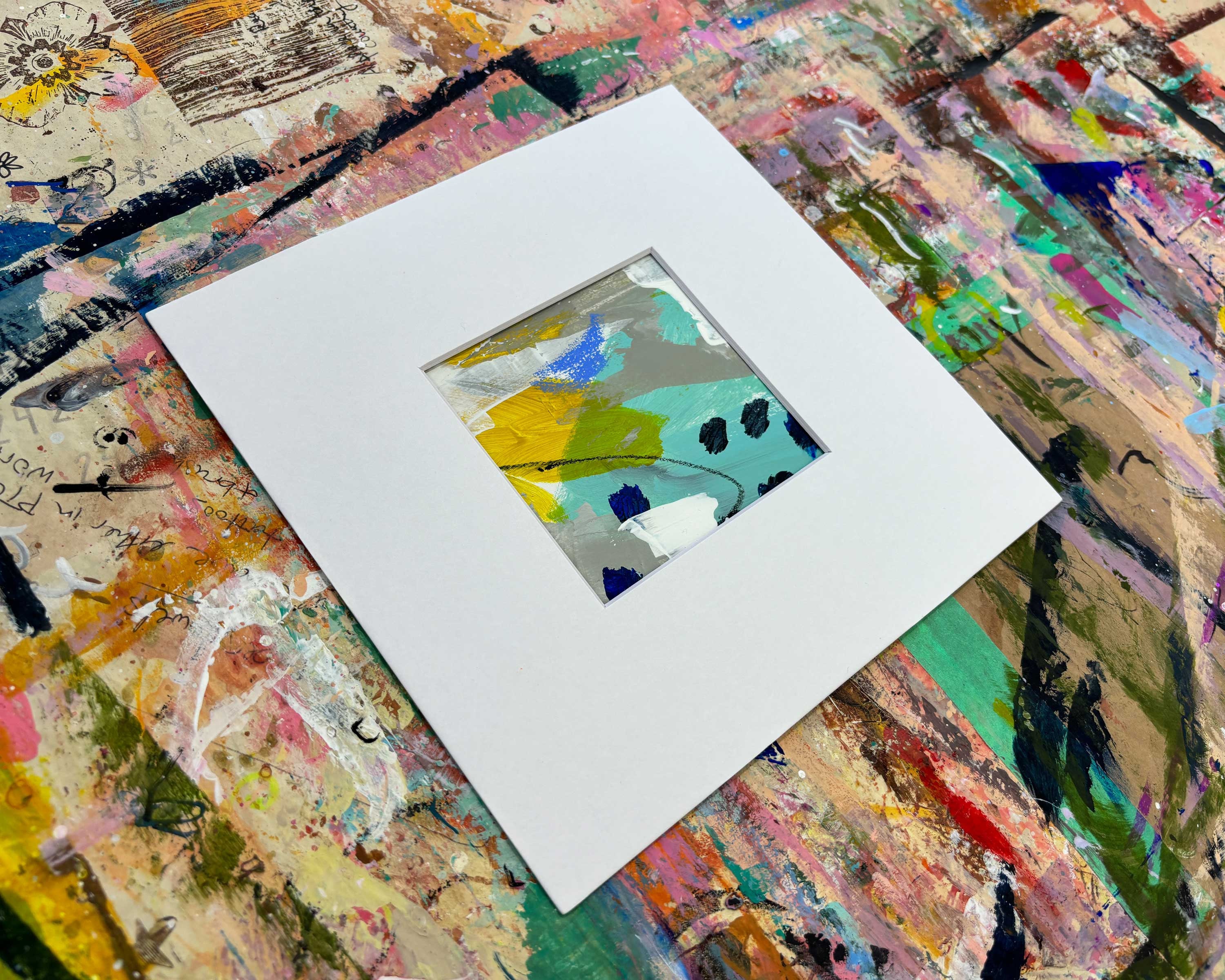 Original Painting Mini Abstract Art With Mat, Colorful Wall Art in Blue ...