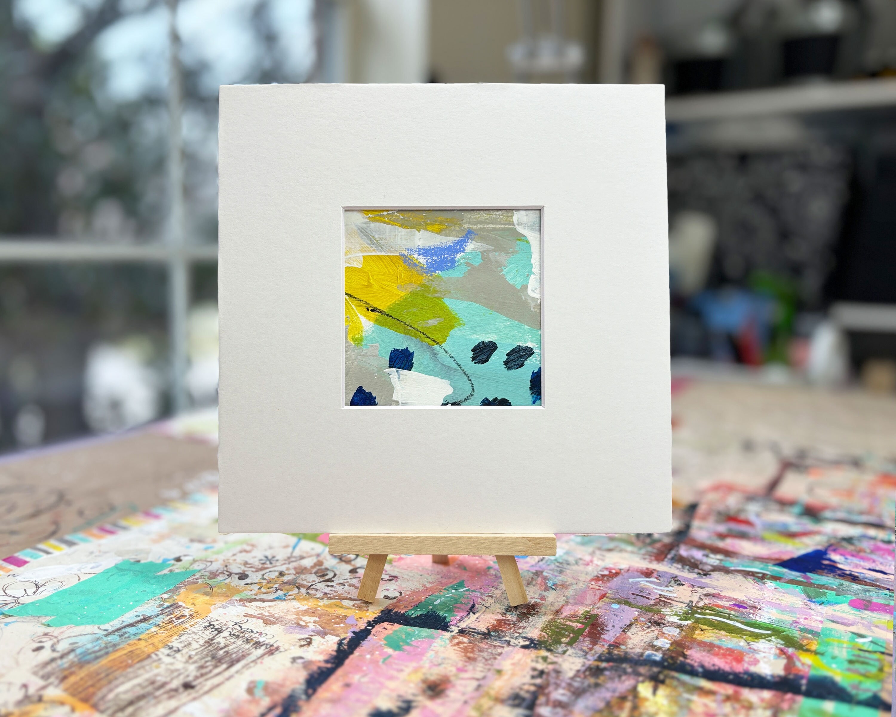 Original Painting Mini Abstract Art With Mat, Colorful Wall Art in Blue ...