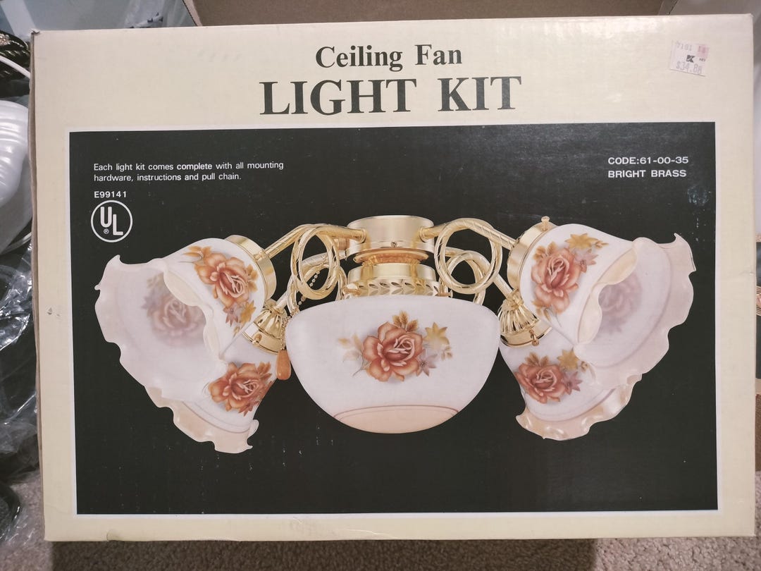 Vintage Ceiling Fan Light Kit Milk Glass Floral Shade Bright Brass ...