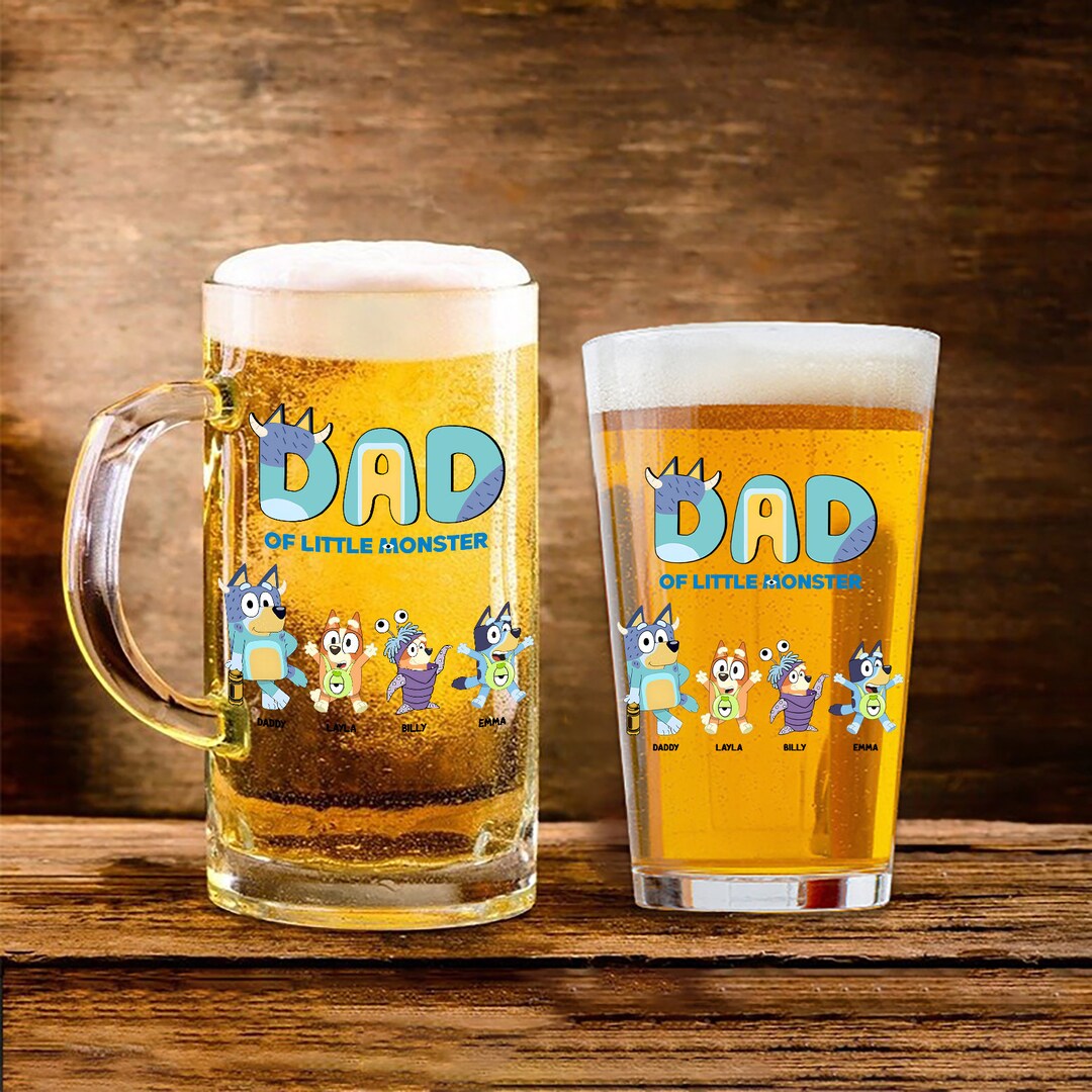 Dad Monster Beer Glass, Custom Bluey Monster Family Beer Glass, Funny ...