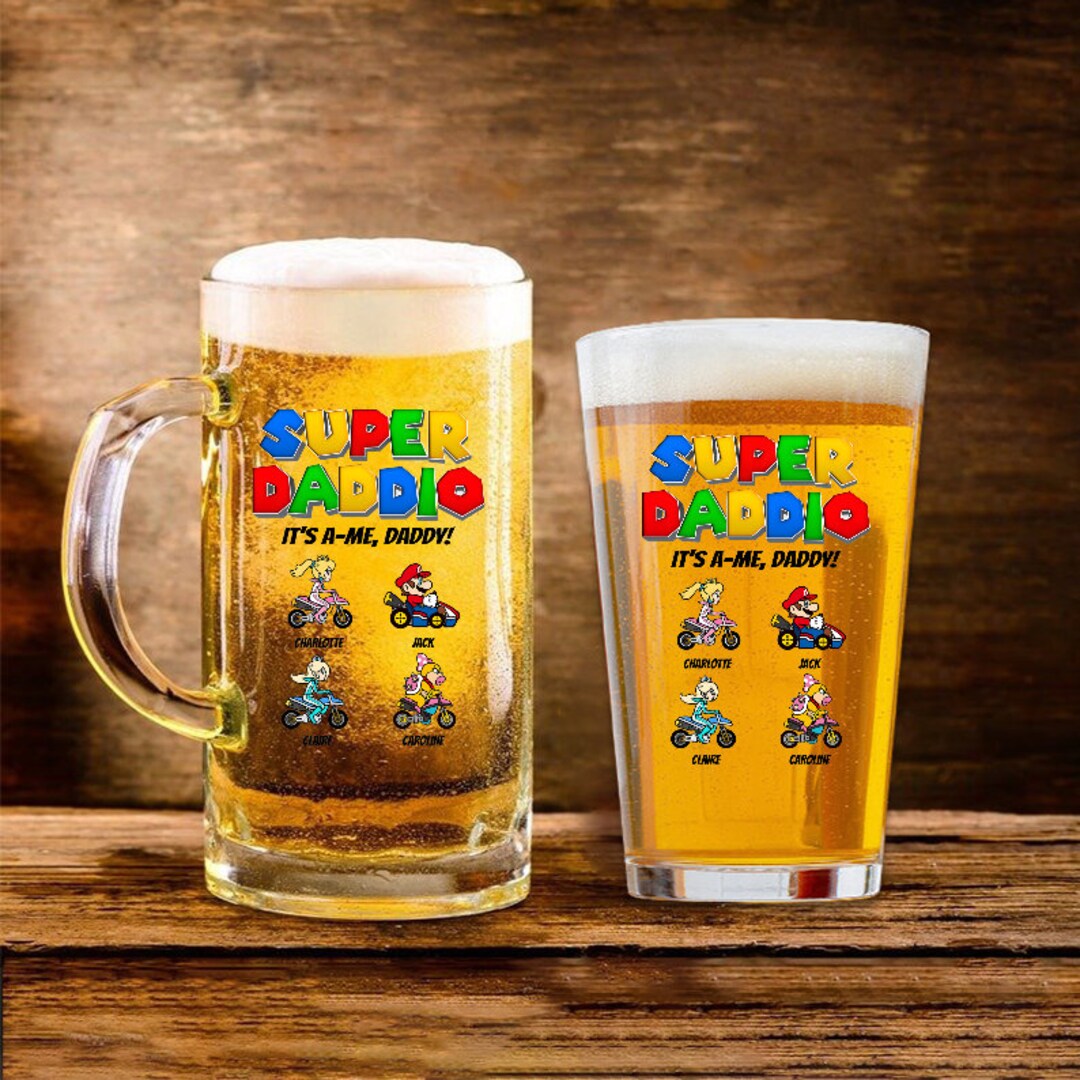 Super Daddio Beer Glass, Custom Super Dad Beer Glass, Super Mario Beer ...