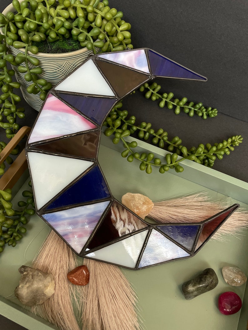 Geometric Crescent Moon Sun Catcher, Moon Stained Glass, Triangle ...