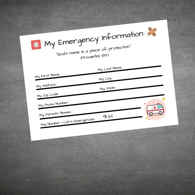 Kids Emergency Information Printable - Etsy
