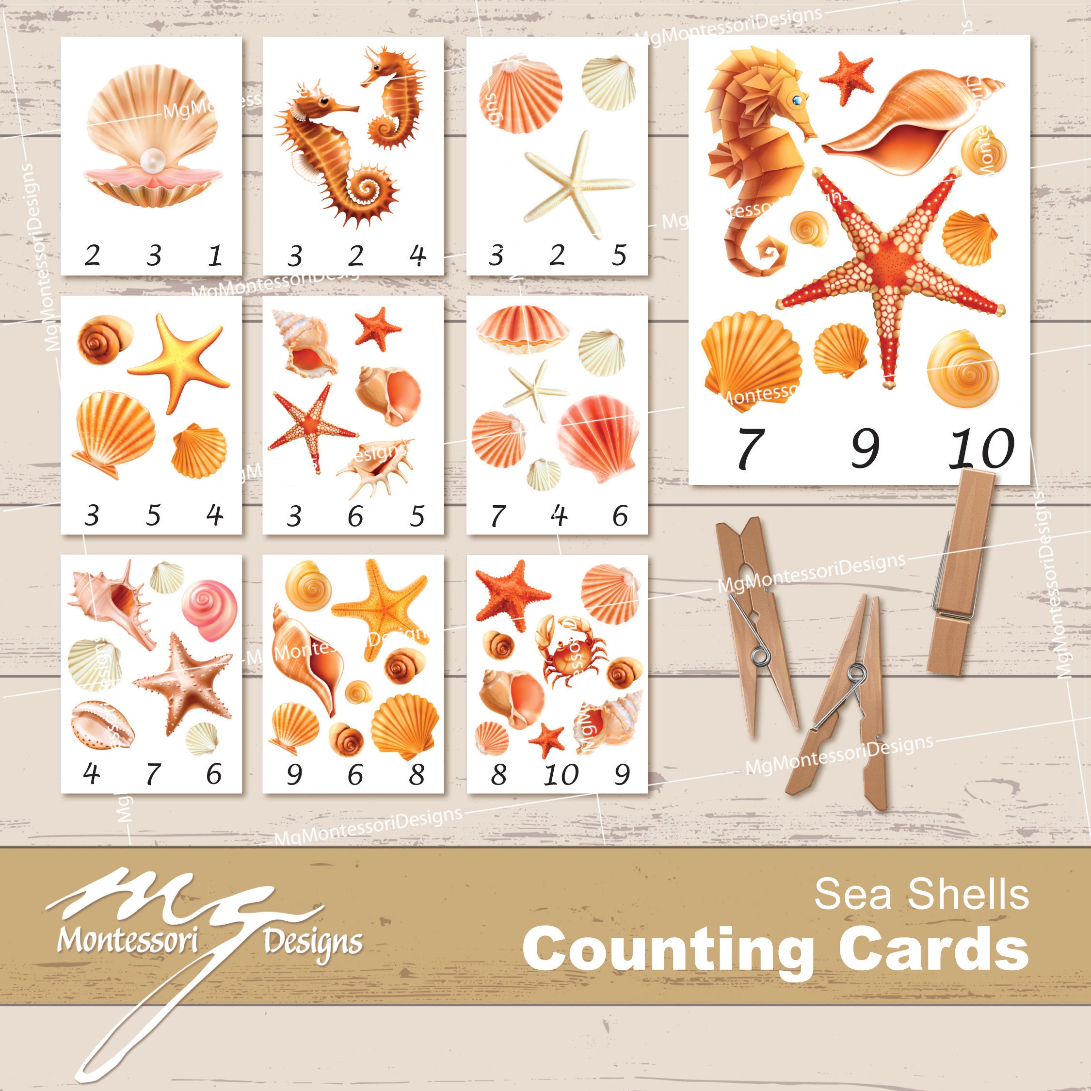 Sea Shells Counting Cards Clip Cards Montessori Printables Educational ...