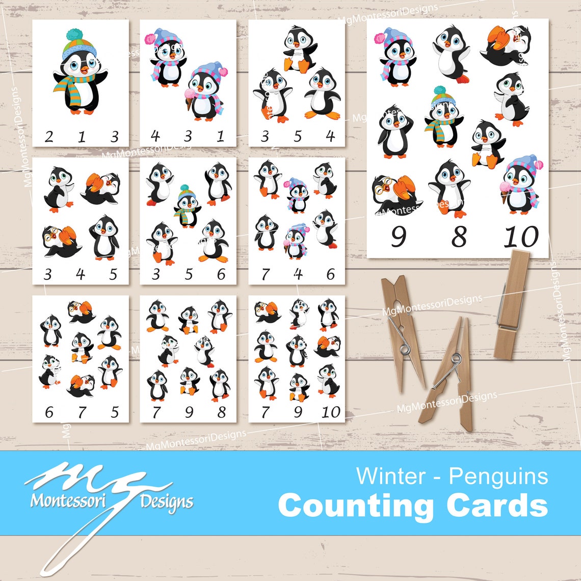 Winter Penguins Counting Cards Penguins Clip Cards Winter | Etsy
