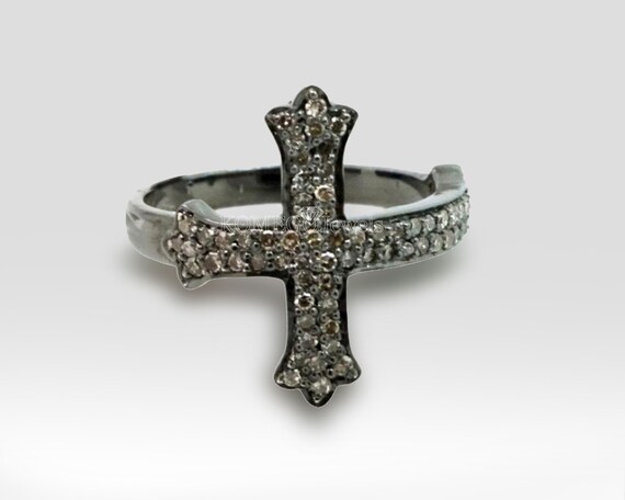 Cross Pave Diamond Ring Natural 925 Sterling Silver Cross Black Oxidized Ring Stackable Diamond Cross Ring Religious Diamond Ring for Her Etsy