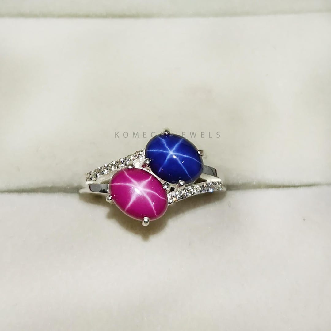 Linde Star Sapphire Ring Blue Diamond Ring, 925 Sterling Silver Diamond ...