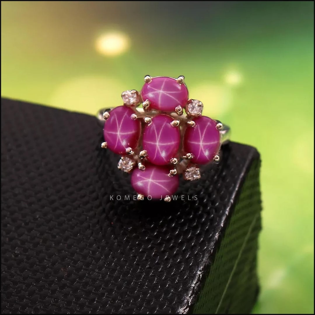 Linde Star Sapphire Ring, 5 Diamond Ring, 925 Sterling Silver Diamond ...