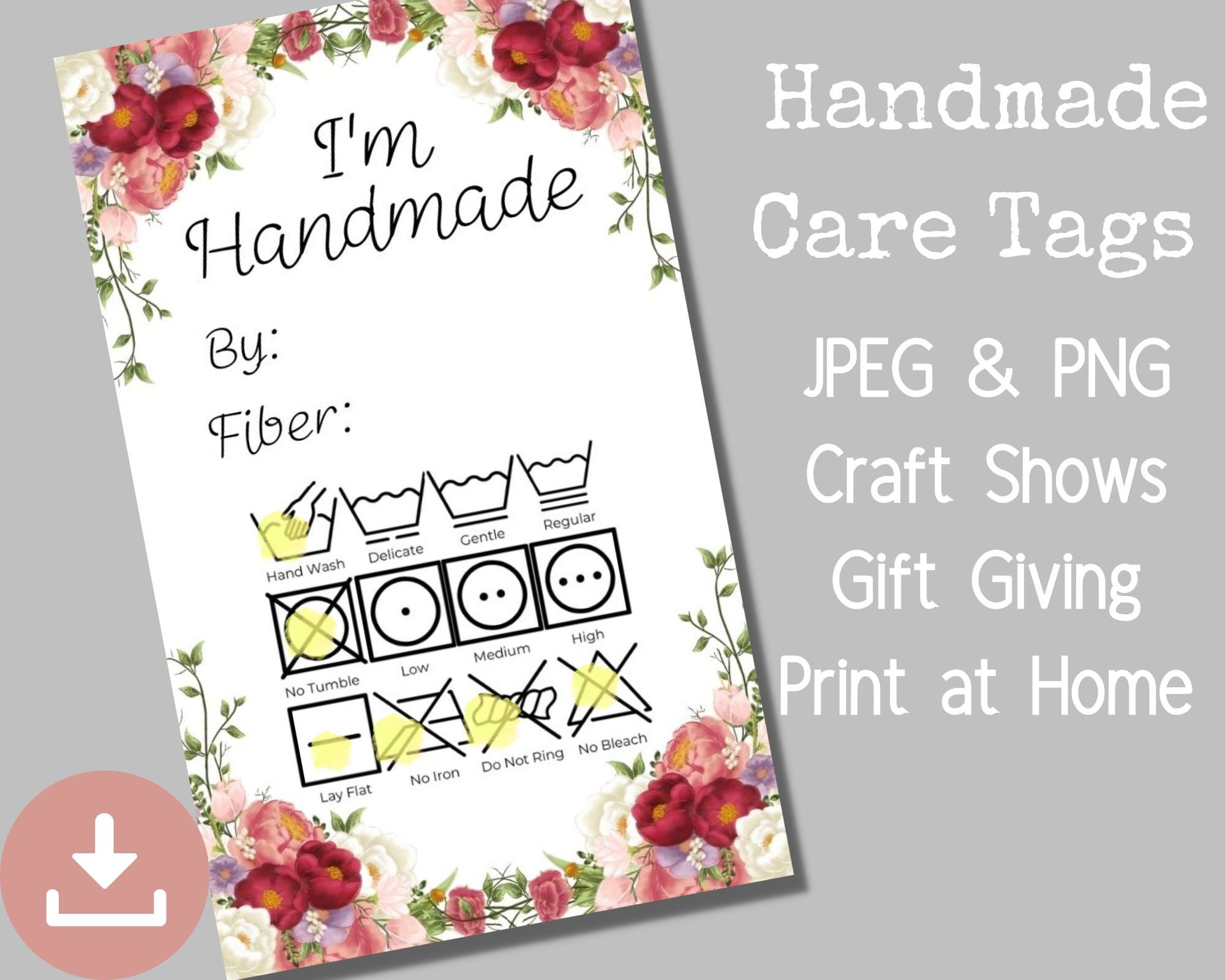 Printable Care Labels Tags / Handmade With Love / Washing Instructions ...