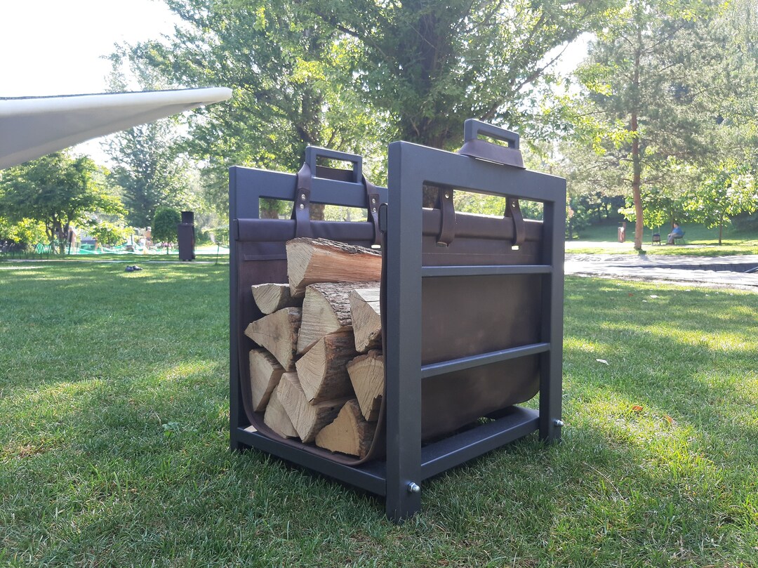 Log Rack by Artium Atelier With Leather Bag, Fireplace Log Holder ...