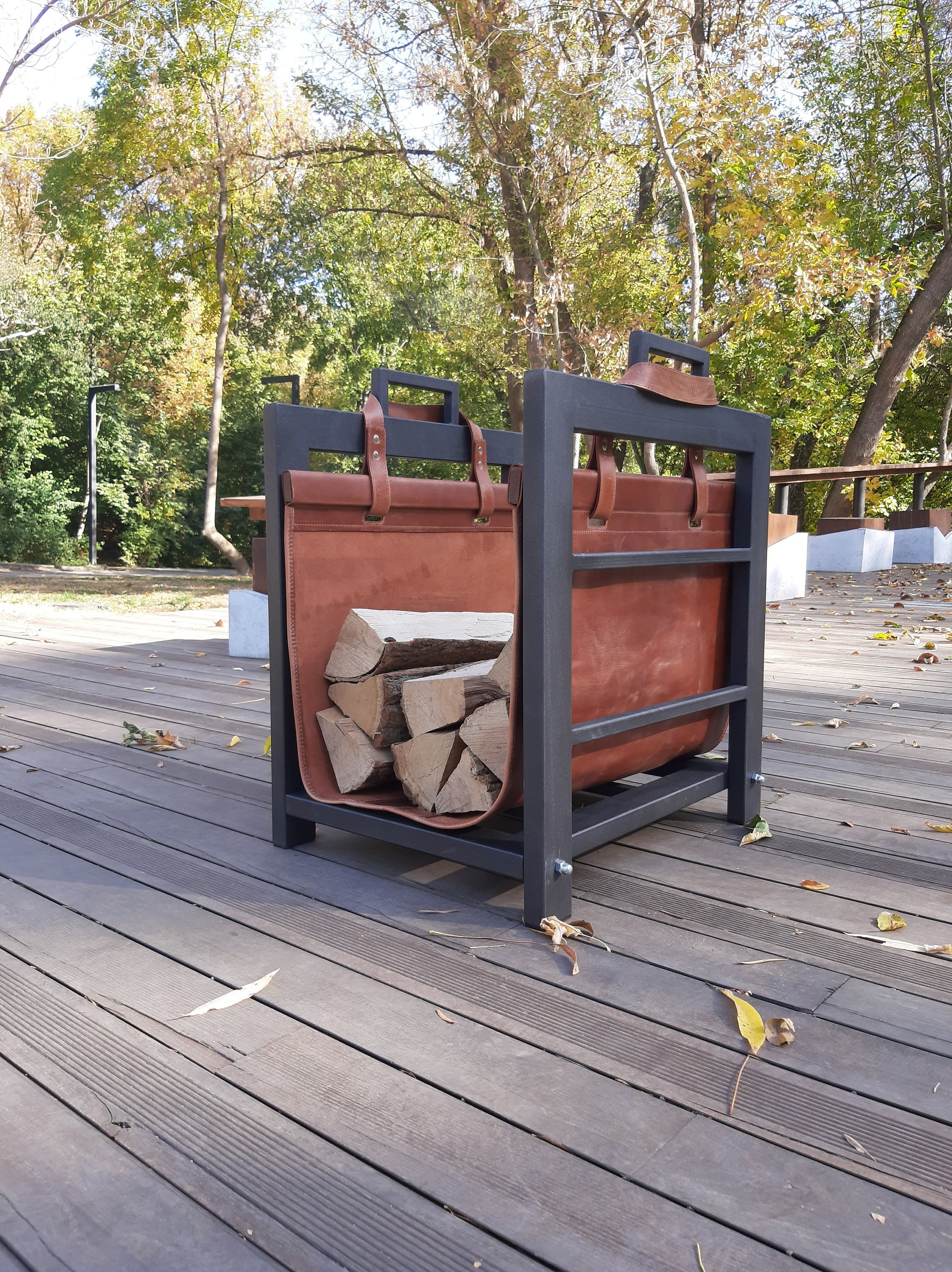 Log Rack by Artium Atelier With Leather Bag, Fireplace Log Holder ...