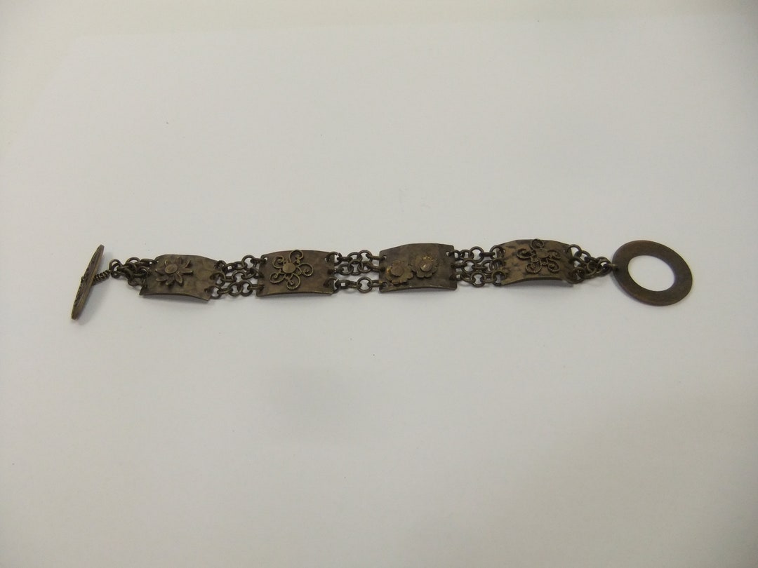 Vintage Copper Bracelet Book Chain Link Filigree Floral on Four Panels ...