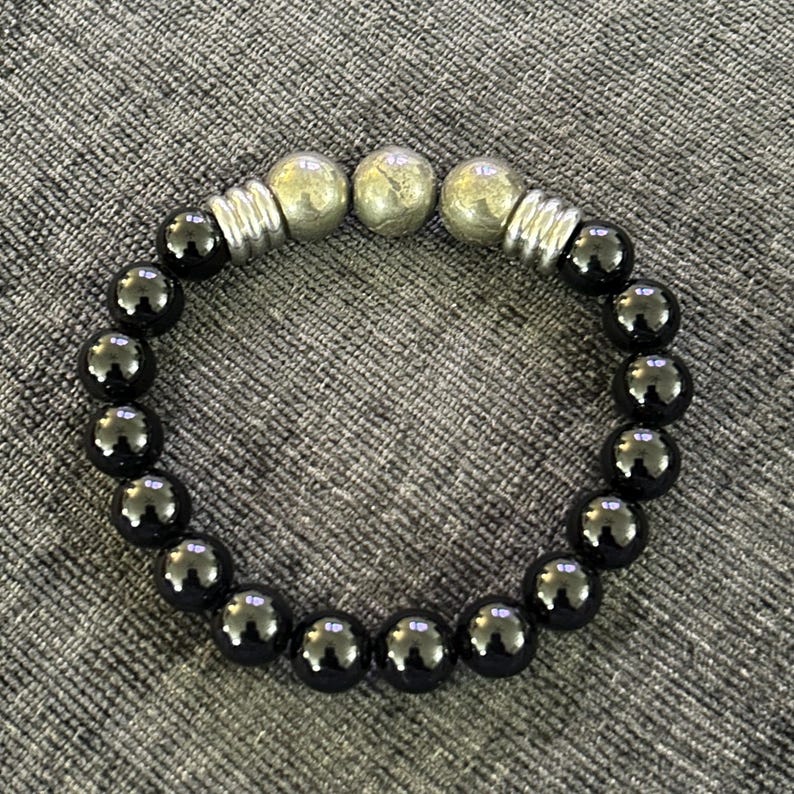 Mens Gemstone Beaded Bracelet 8 Inch Black Onyx and Pyrite With ...