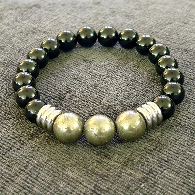 Mens Gemstone Beaded Bracelet 8 Inch Black Onyx and Pyrite With ...