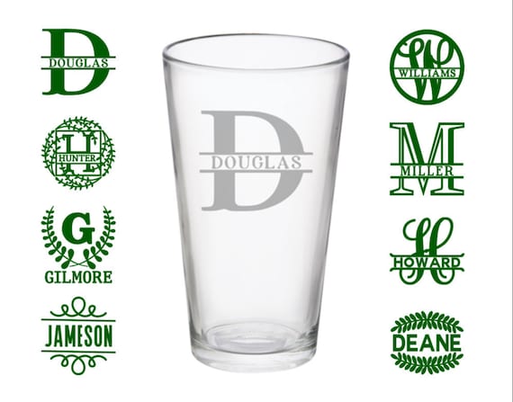 Etched Split Letter Monogram Pub Glass Personalized Gift | Etsy