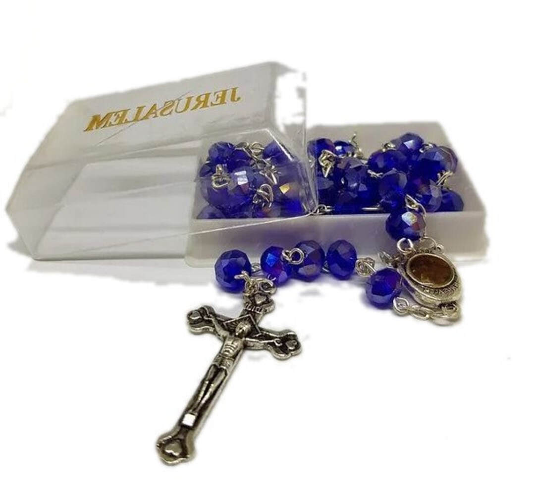 Cobalt Blue Crystal Rosary With Wire, Holy Soil and Metal Crucifix ...