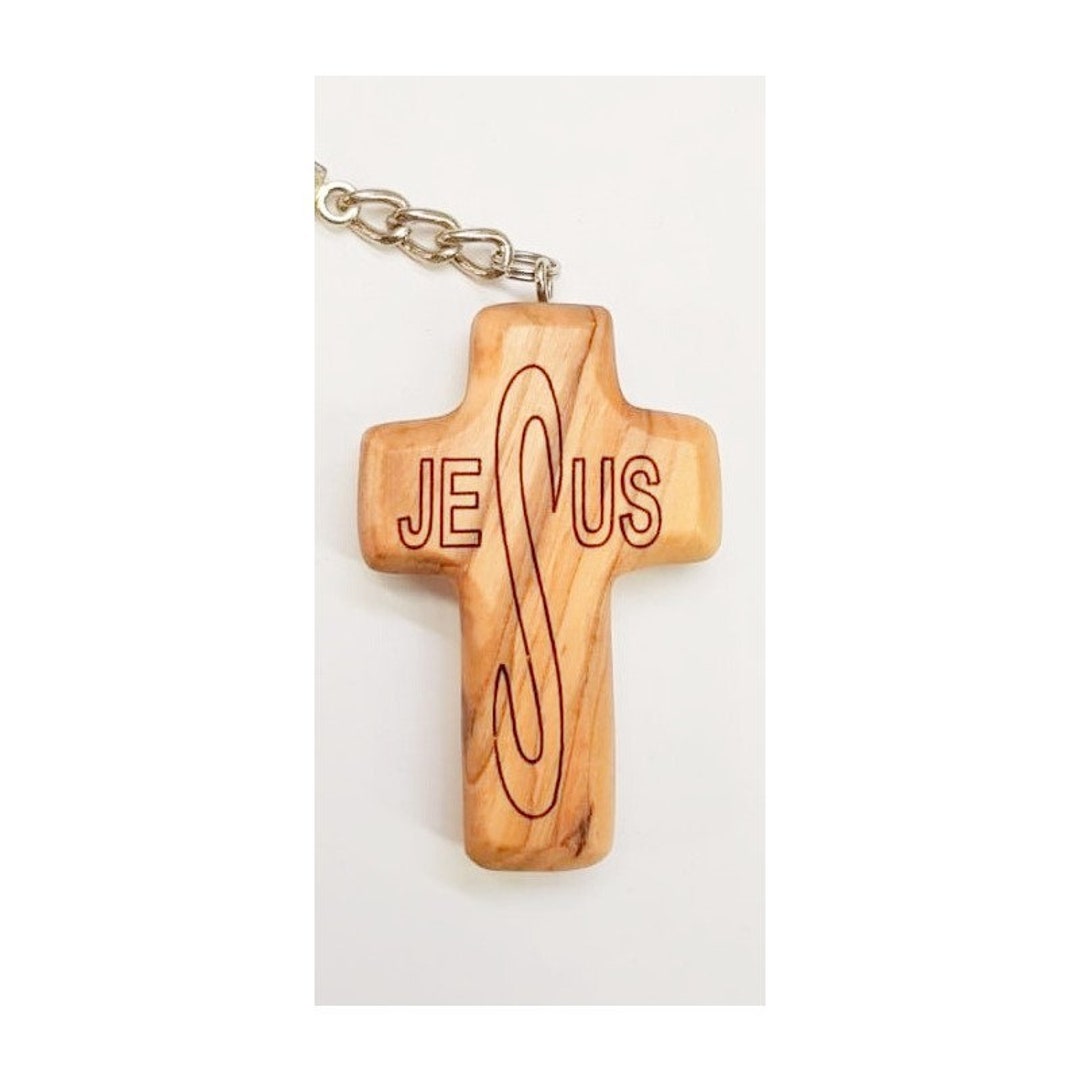 Jesus Cross Keychain - Holy Land Olive Wood Keychain - Christian ...