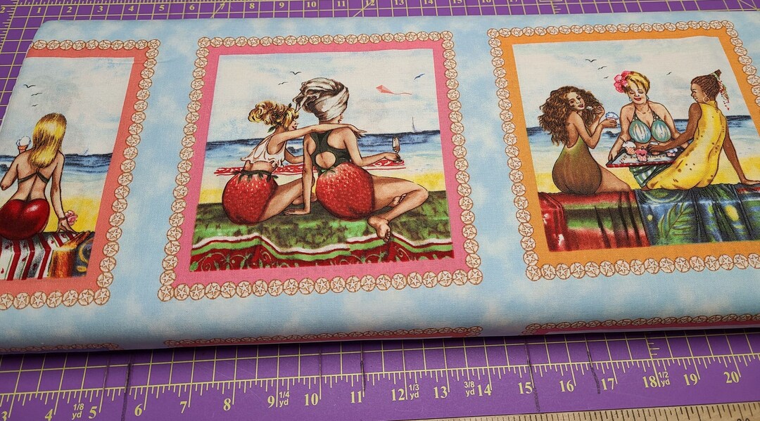 Elizabeth's Studio Fruit Ladies in Squares 1521 Blue Panel 15 Squares ...