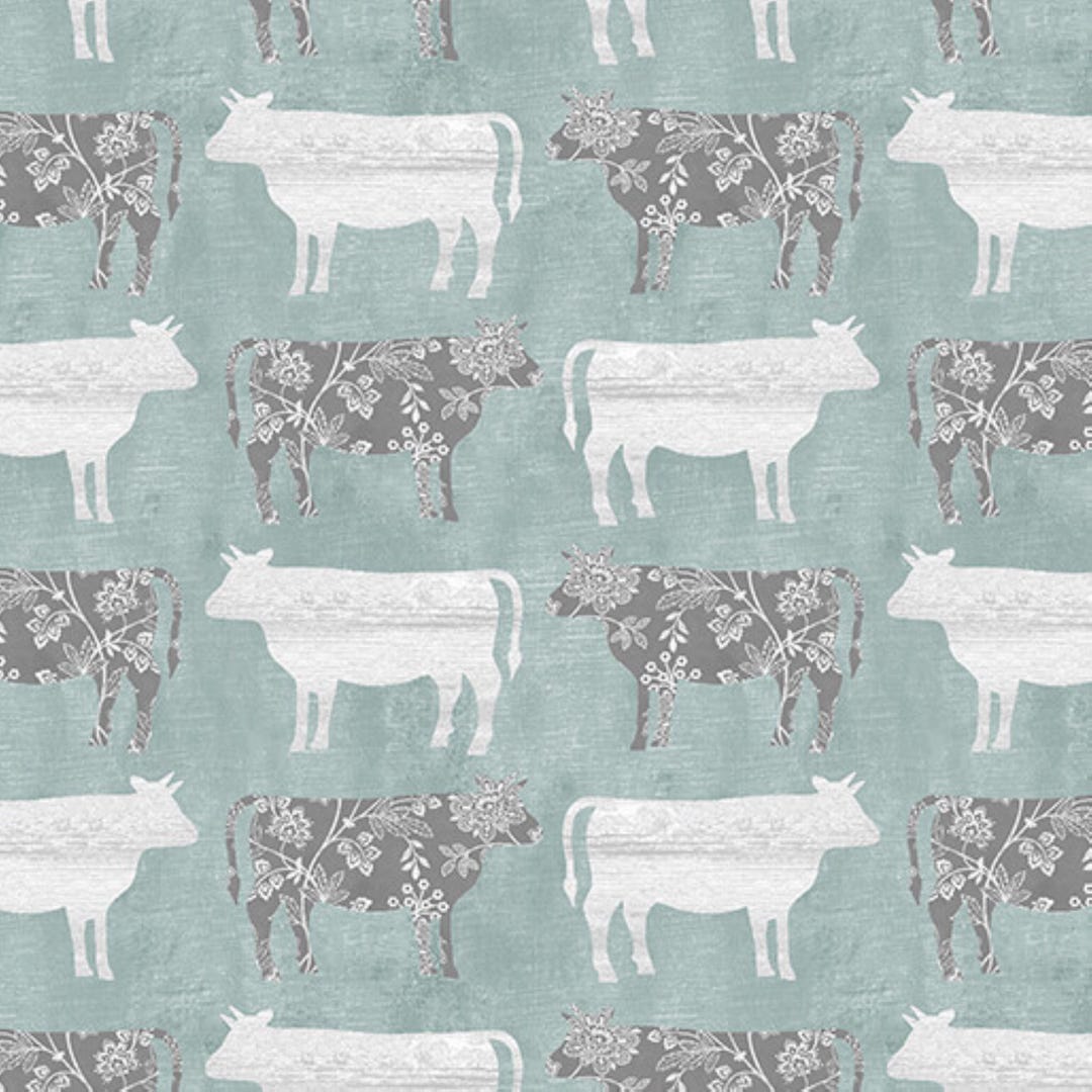 Benartex Chalk Barn Calico Cows Teal Cotton Fabric Quilting Masks ...