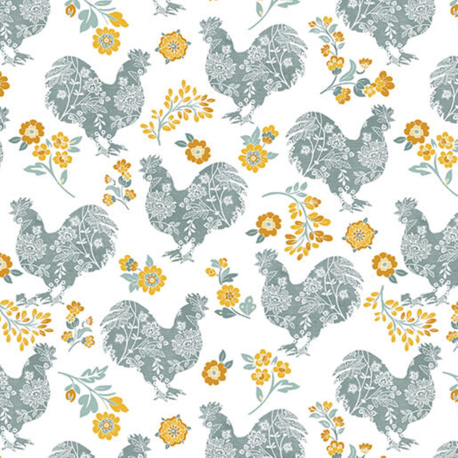 Benartex Chalk Barn Chalk Paint Roosters Teal/yellow Cotton Fabric ...