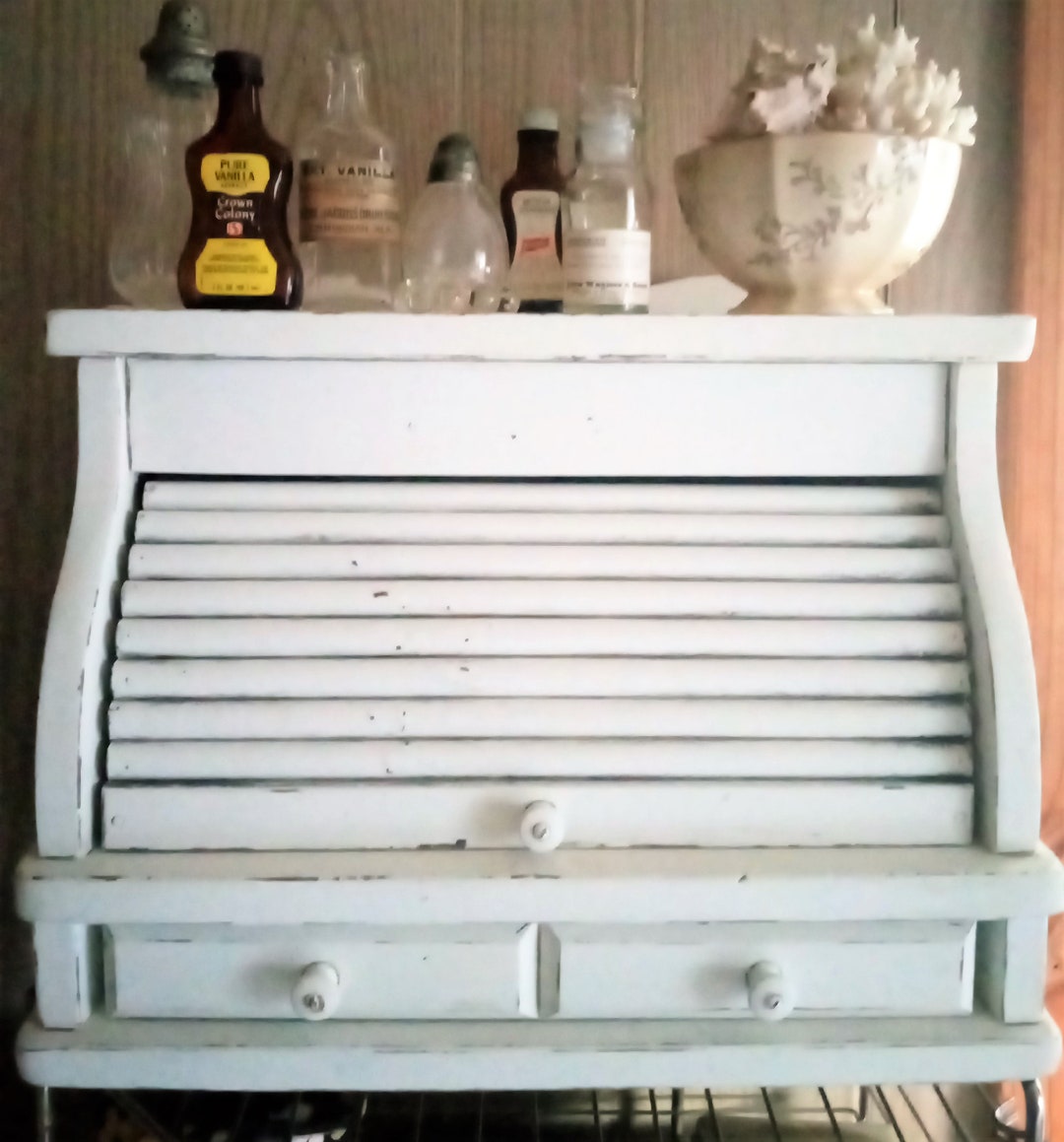 Wooden Rustic FARMHOUSE Bread BOX | Shabby Sandy Beach WHITE | Roll Top ...