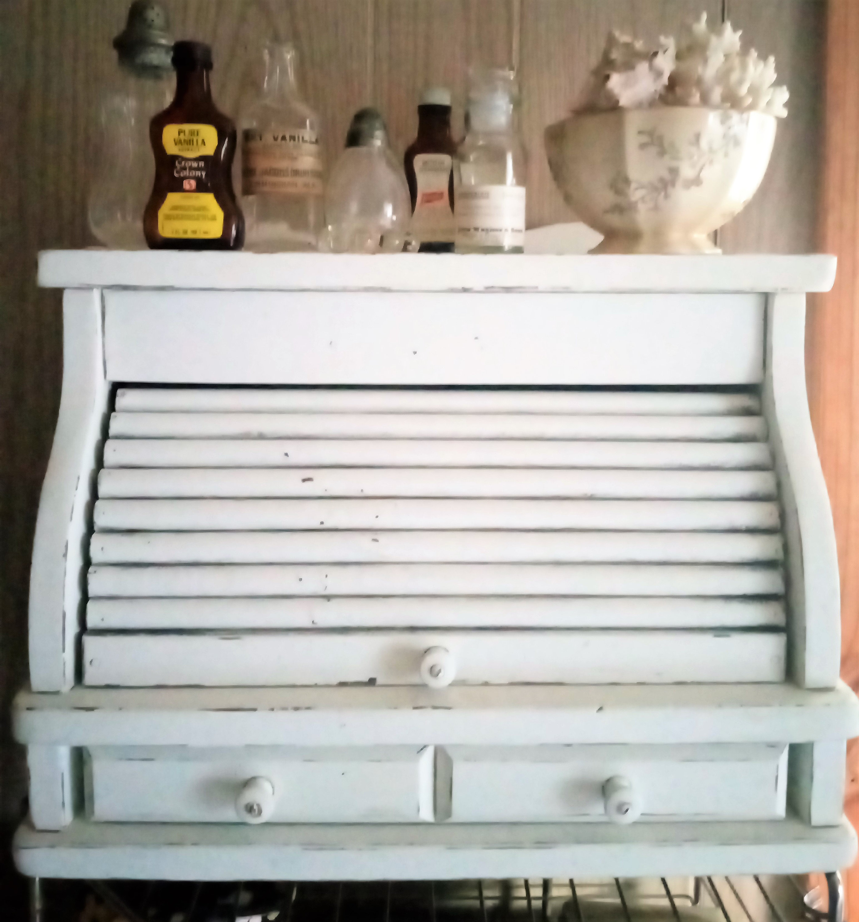 Wooden Rustic FARMHOUSE Bread BOX Shabby Sandy Beach WHITE Roll Top Box Bohemian French Country ...