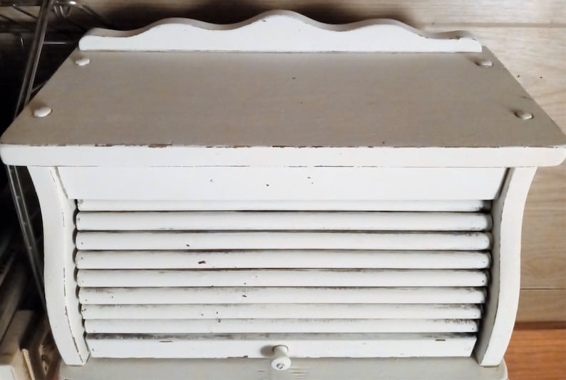 Wooden Rustic FARMHOUSE Bread BOX Shabby Sandy Beach WHITE Roll Top Box ...