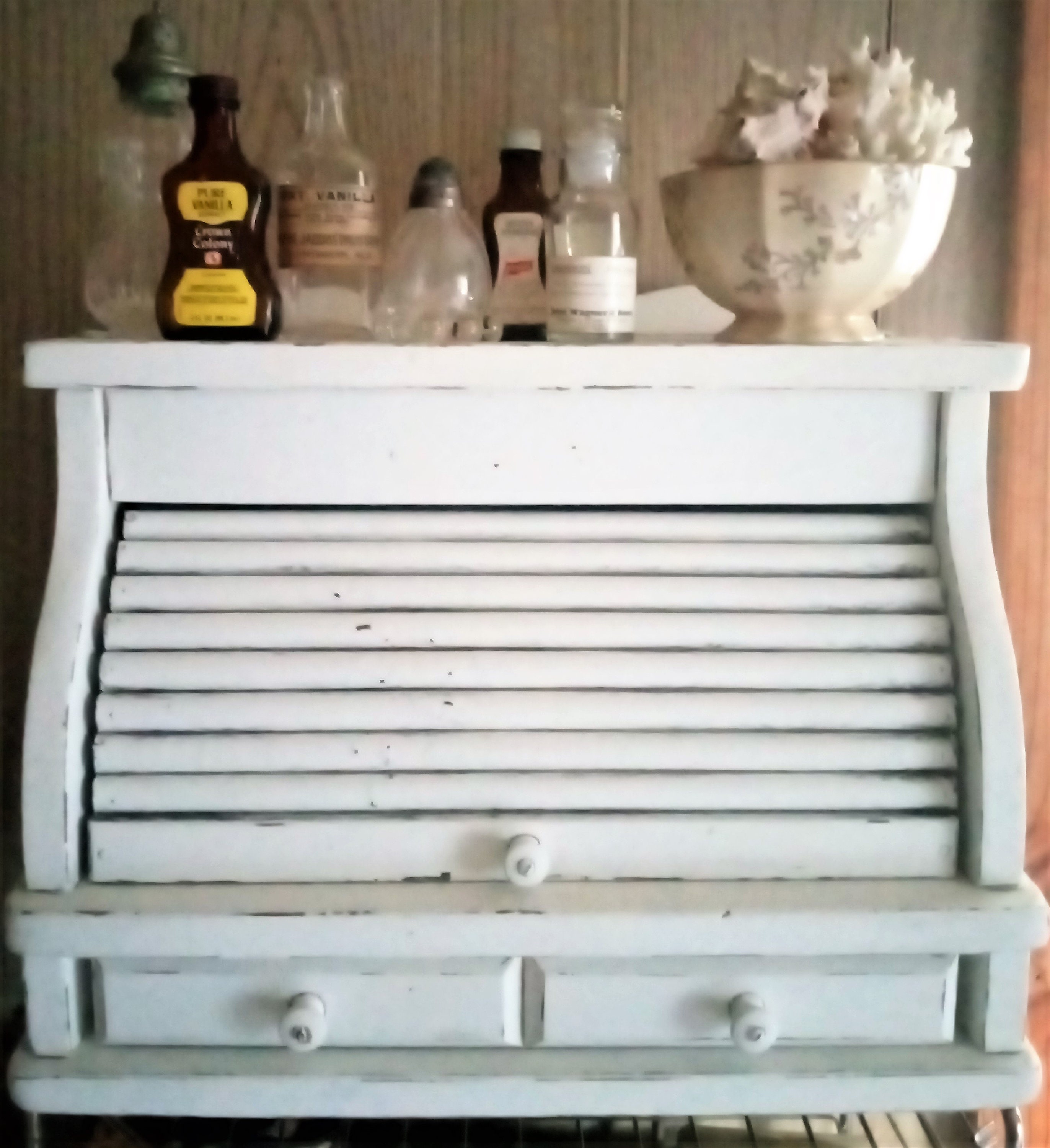 Wooden Rustic FARMHOUSE Bread BOX Shabby Sandy Beach WHITE Roll Top Box ...