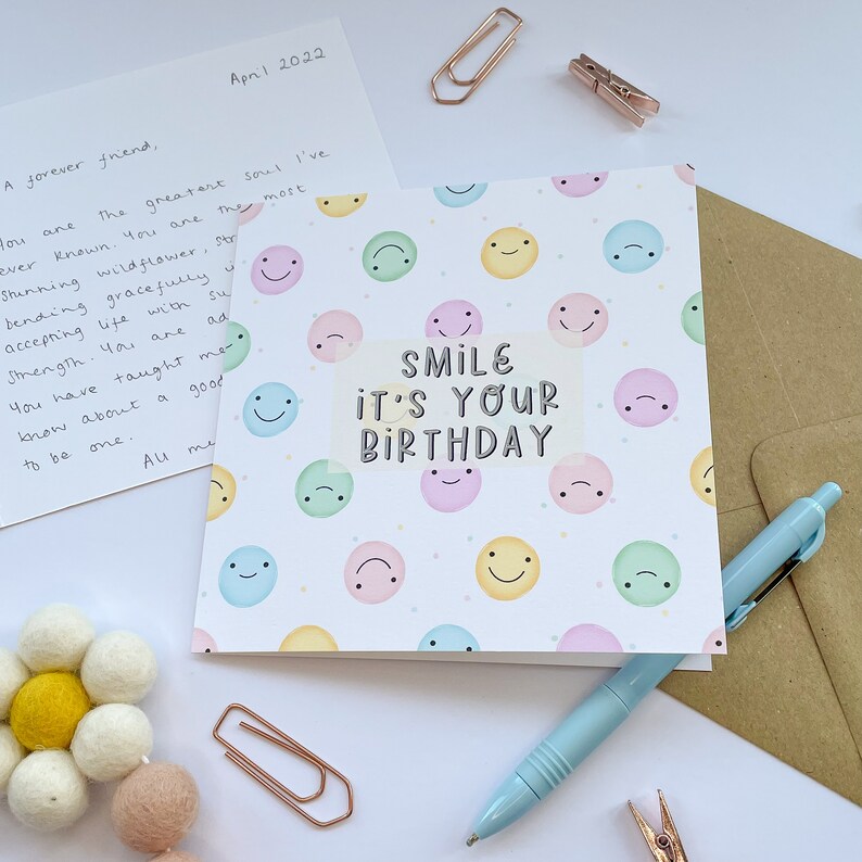 Smile It's Your Birthday Pastel Smiley Face Greeting Card - Etsy