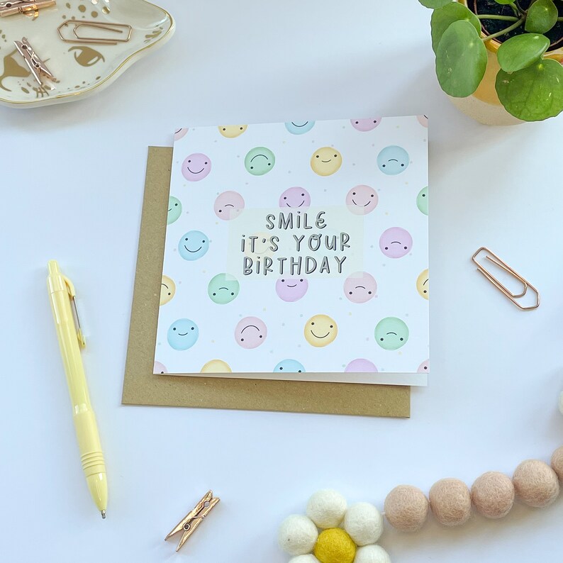 Smile It's Your Birthday Pastel Smiley Face Greeting Card - Etsy