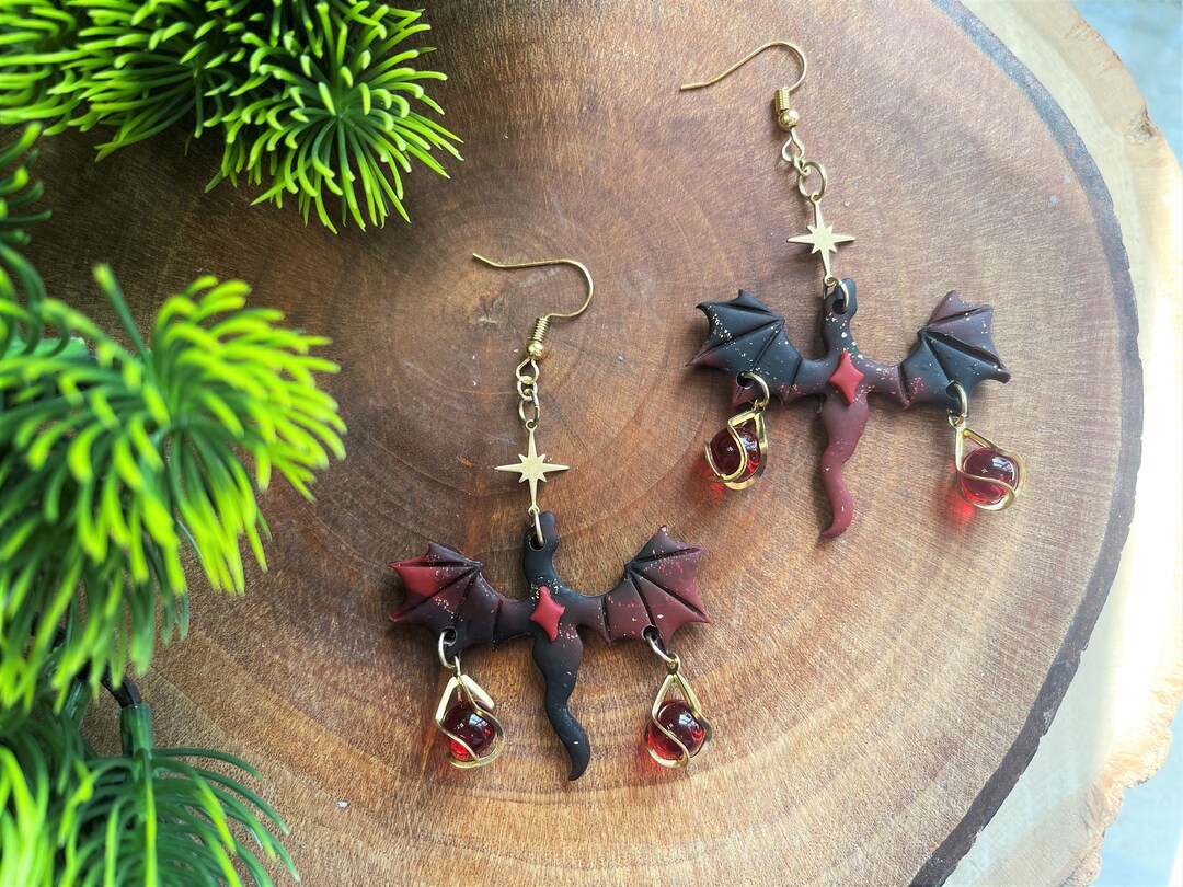 Red Black and Gold Fiery Dragon Earrings Handmade Clay I - Etsy