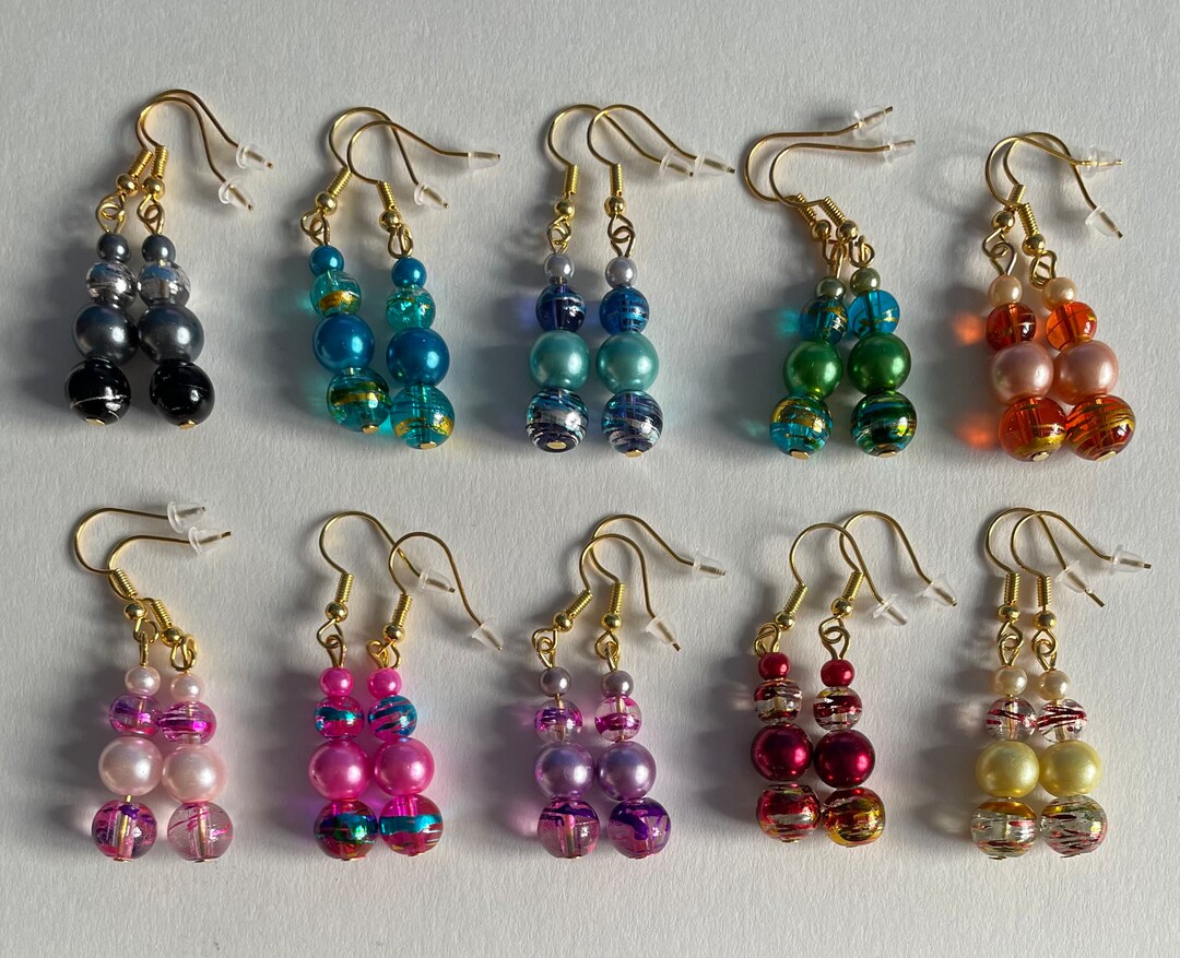 Gold Plated Pearls & Oily Drizzle Design Glass Bead Earrings 6 Colour ...