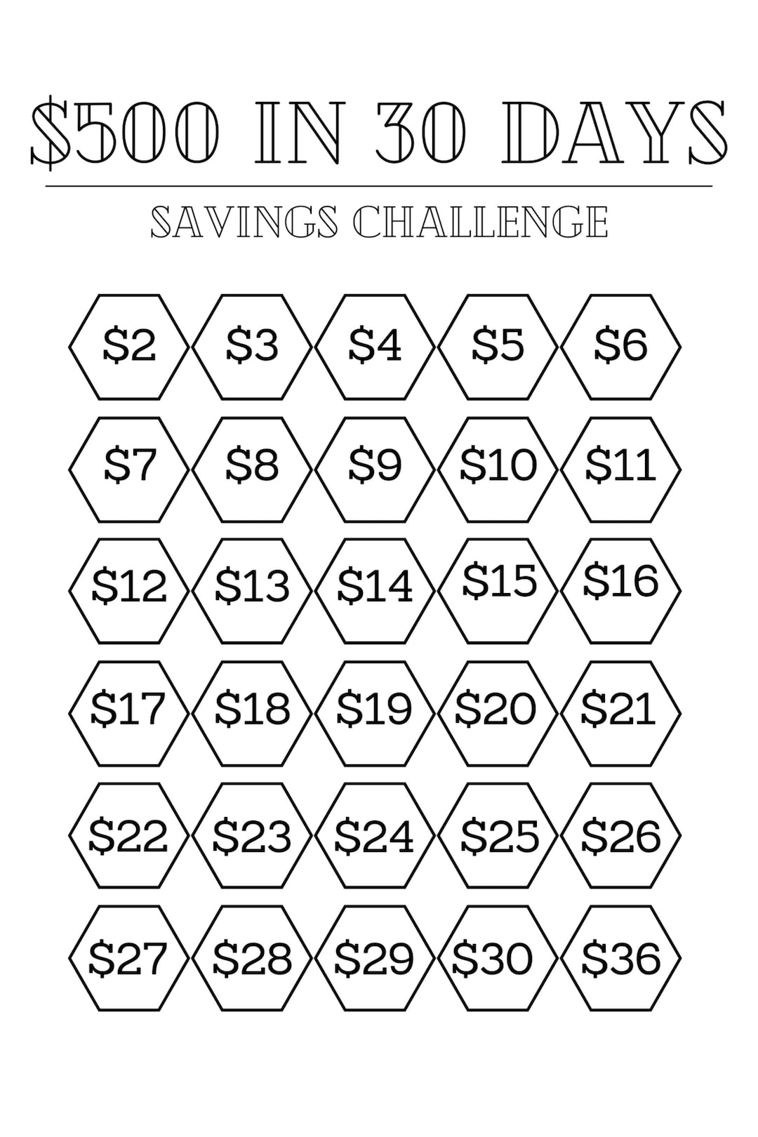 500 in 30 Days Savings Challenge, Savings Challenge for 1 Month, 500 ...