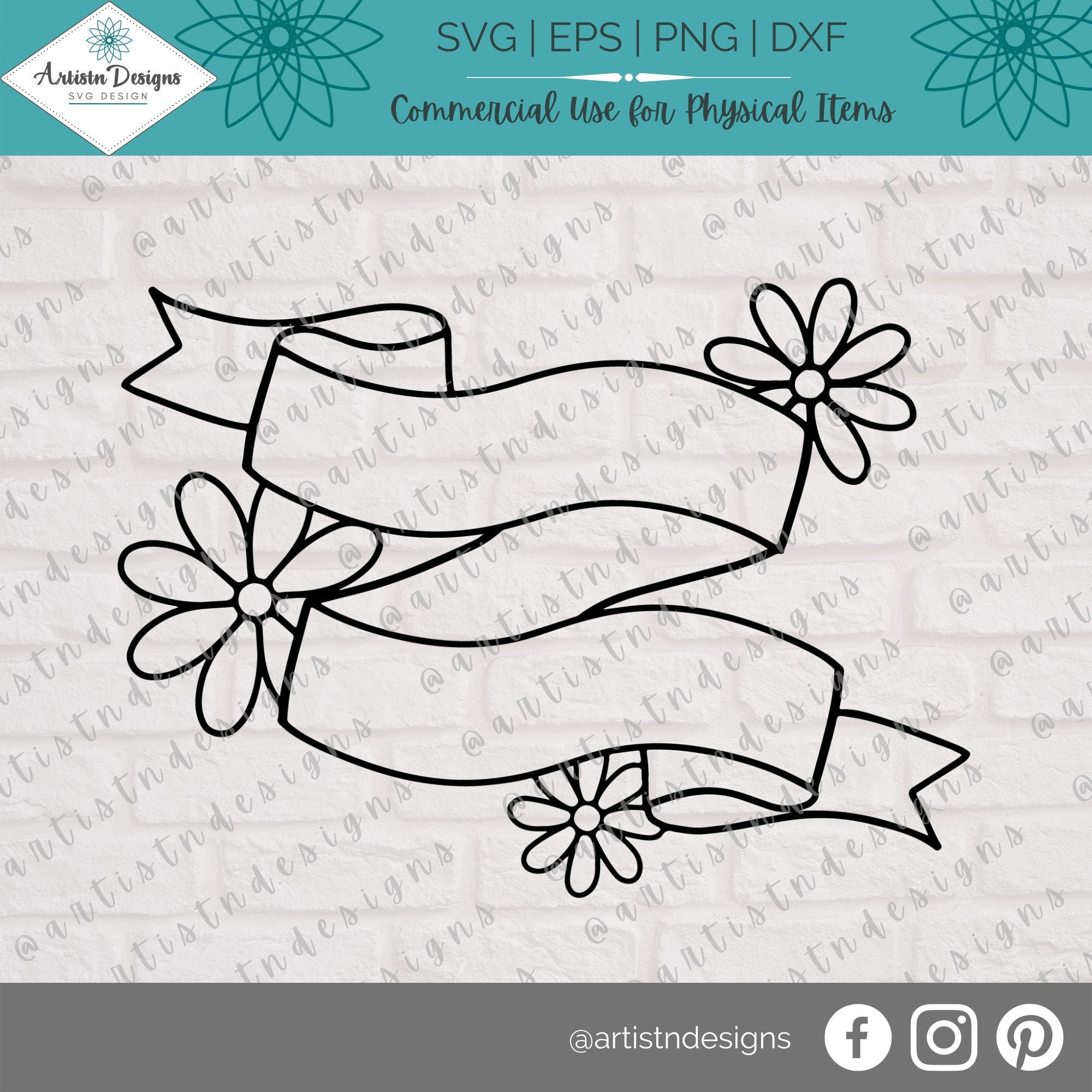 Floral Ribbon Banner SVG - Flower Double Banner Cut File - Flower ...