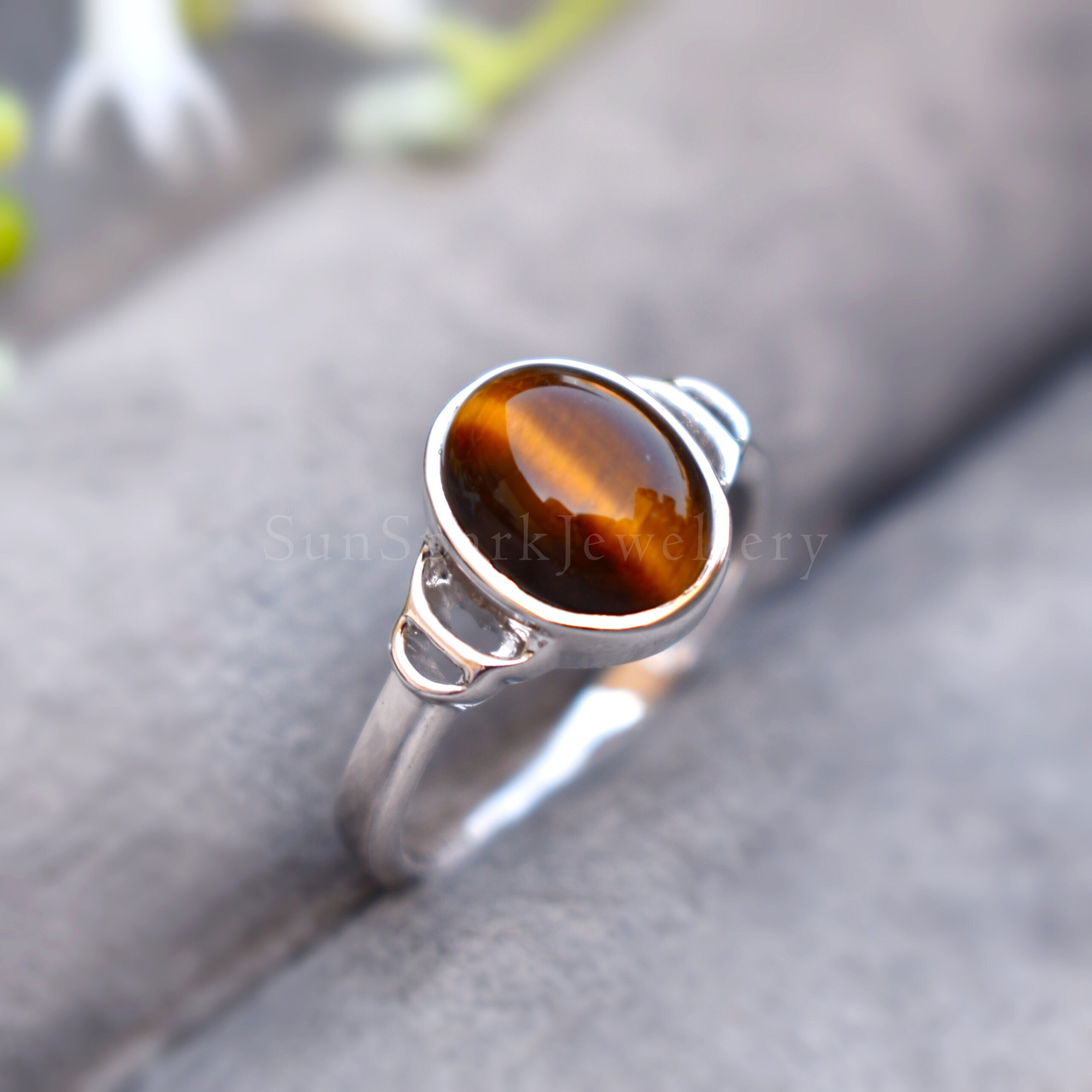 Tiger Eye Ring, Sterling Silver, Natural Tiger Eye Stone