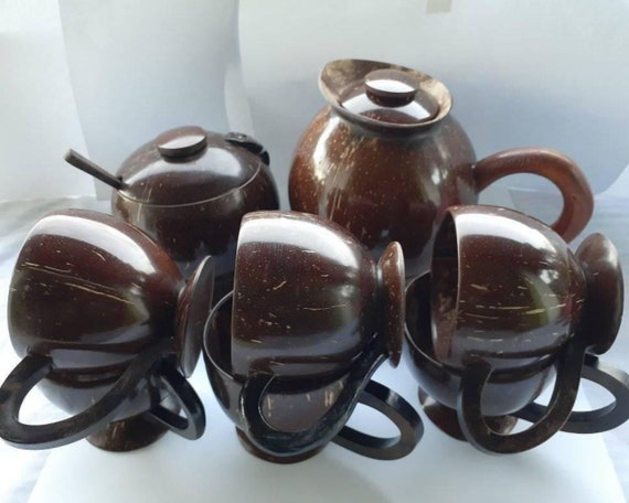 Coconut Shell Tea Cup Set / Handmade 6 Tea Cups Tea Pot - Etsy